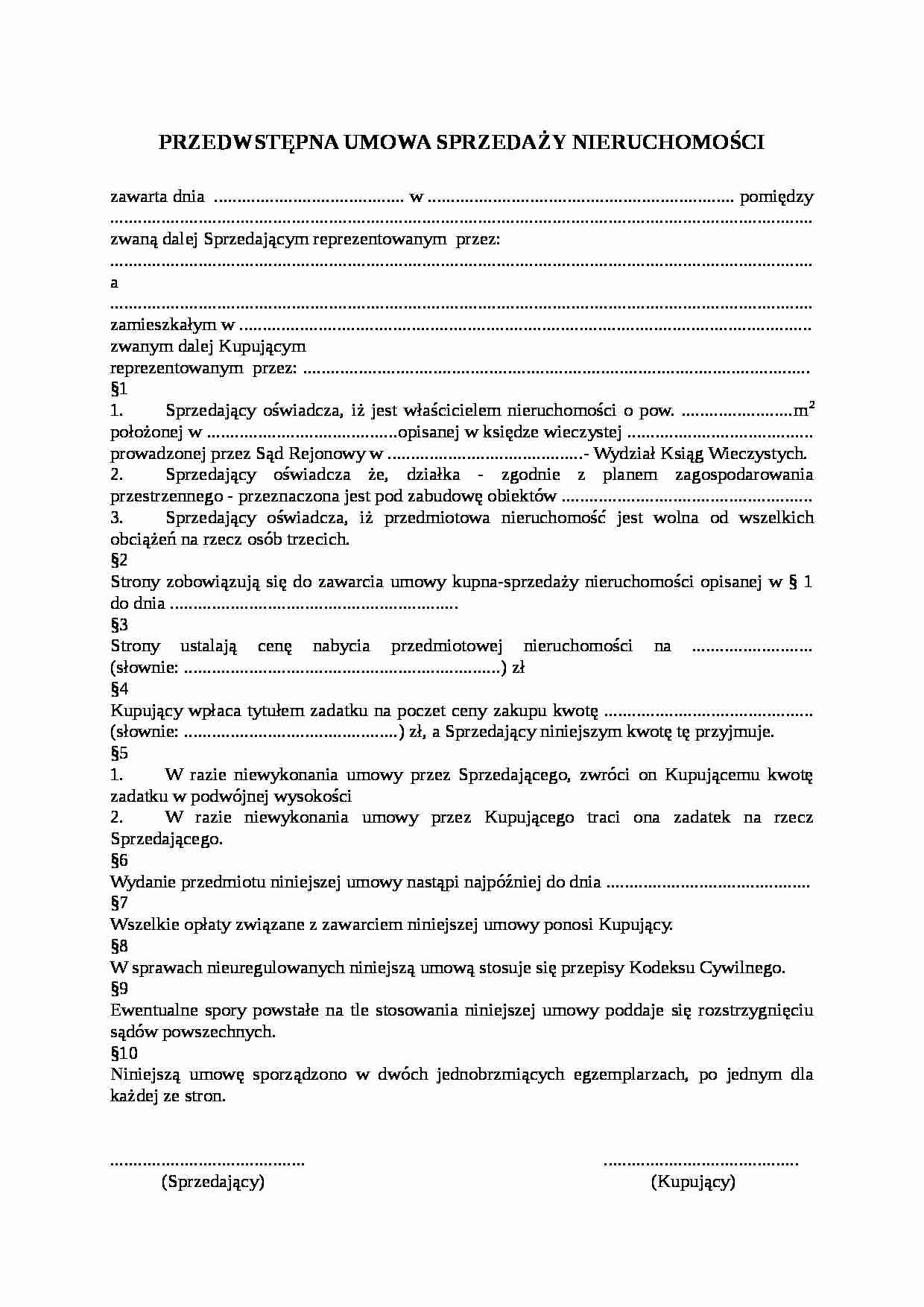 Wz r Umowa Przedwst pna Sprzeda y Nieruchomo ci Notatek pl